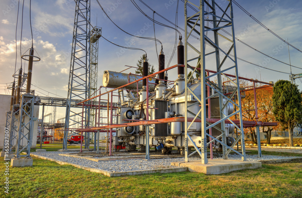 Power transformer in high voltage switchyard in modern electrical ...