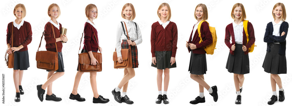 Collage of girl in different school uniforms on white background Stock ...