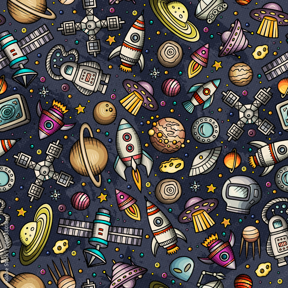 Cartoon hand-drawn space, planets seamless pattern Stock Vector | Adobe ...