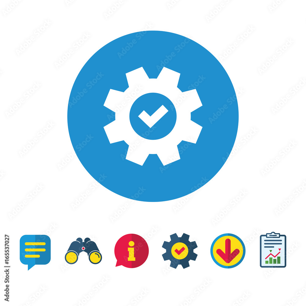 Service icon. Cogwheel with tick sign. Check symbol. Information ...