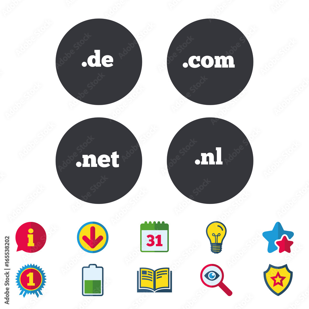 Top-level internet domain icons. De, Com, Net and Nl symbols. Unique ...