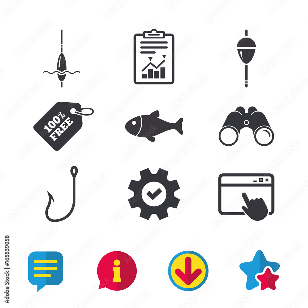 Fishing icons. Fish with fishermen hook sign. Float bobber symbol ...