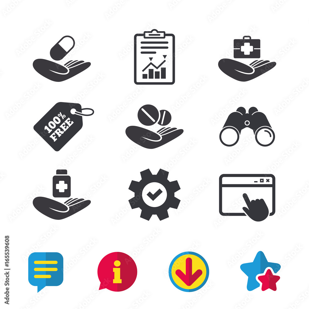 Helping hands icons. Medical health insurance symbols. Drugs pills ...