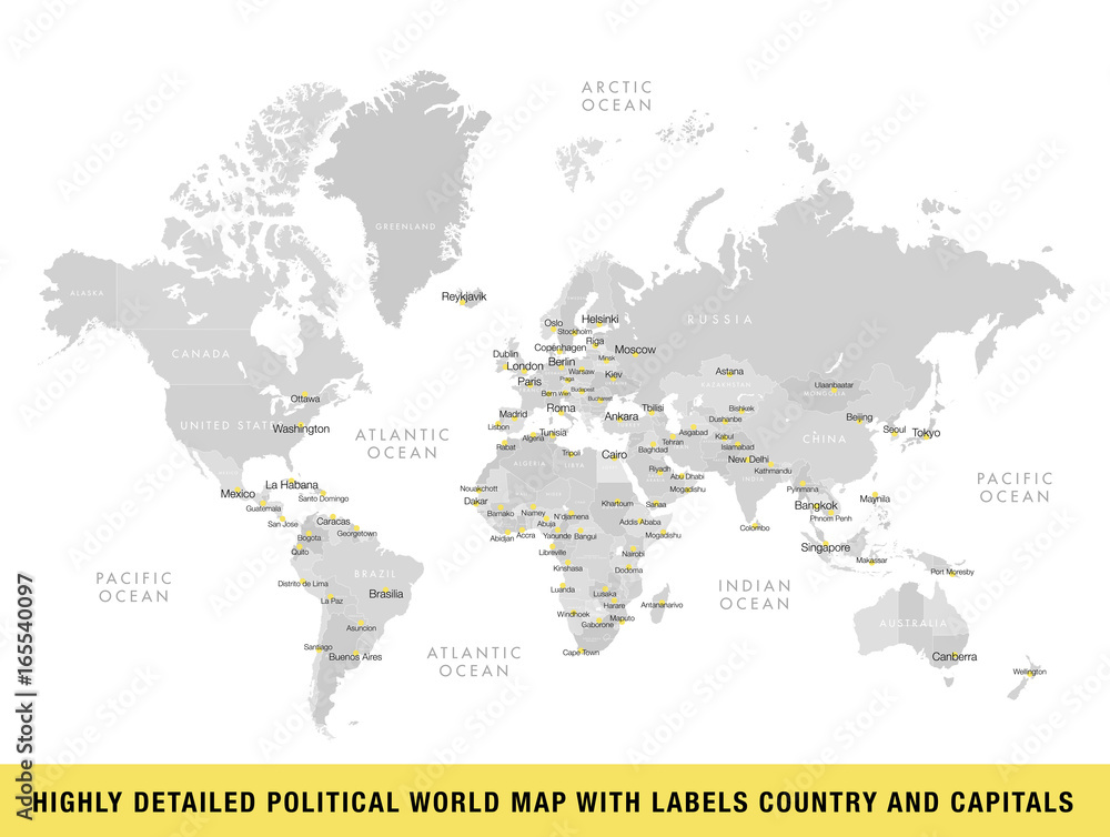 Highly detailed political world map with capitals Stock Vector | Adobe ...