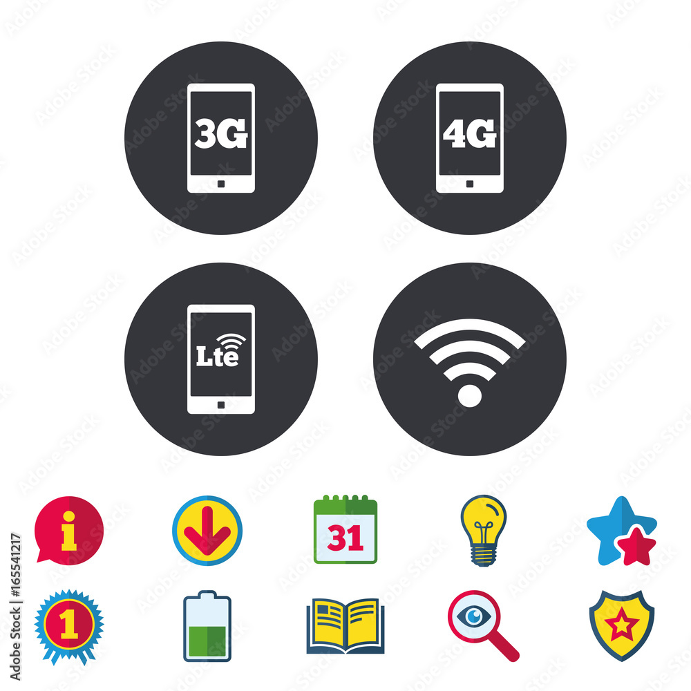 Mobile telecommunications icons. 3G, 4G and LTE technology symbols. Wi ...