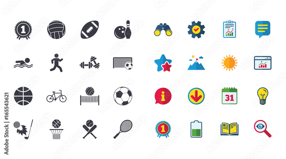 Set of Sport and Fitness icons. Football, tennis and volleyball signs ...