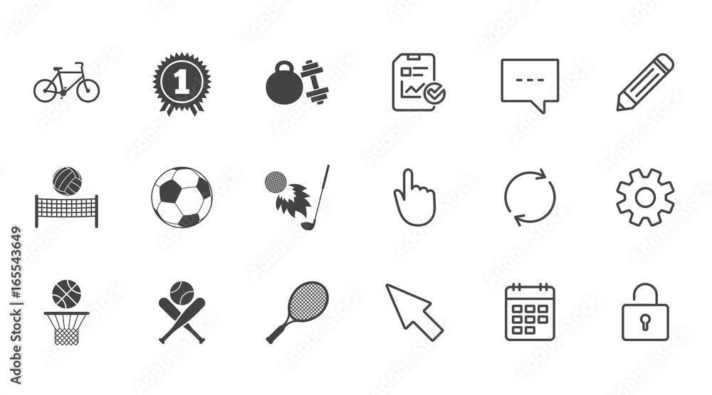 Sport games, fitness icons. Football, basketball and tennis signs. Golf ...