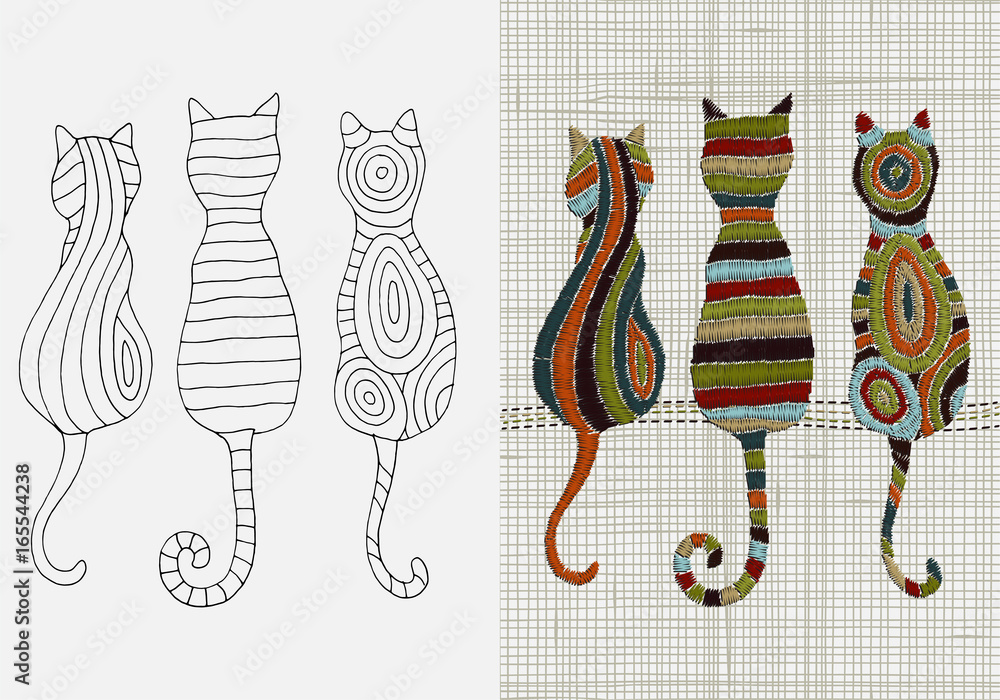 Set of Embroidery Designs. Cats. Zentangle style. Vector Embroidery ...