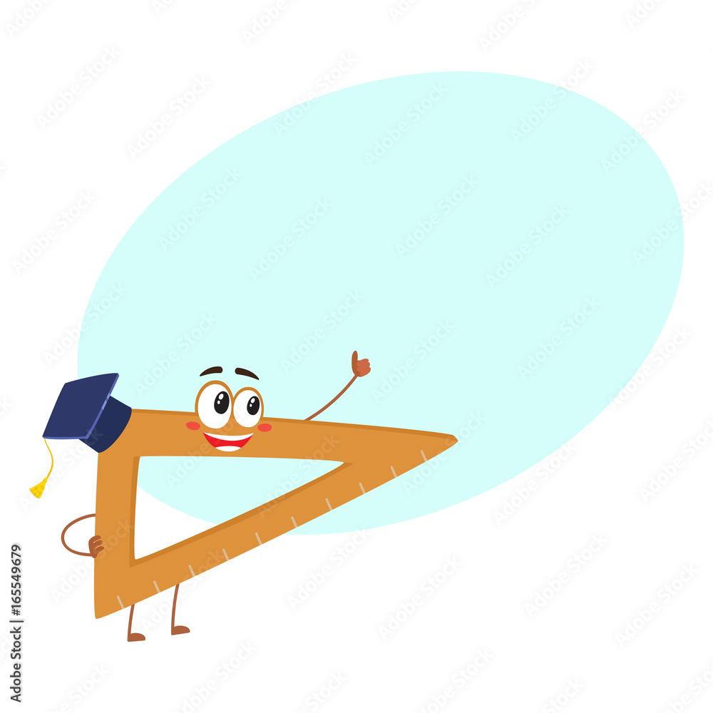 Cute and funny school angle ruler with smiling human face showing thumb ...