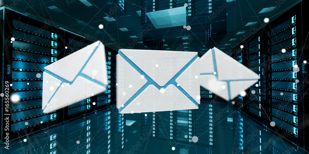 Emails flying over server room data center 3D rendering Stock Photo ...
