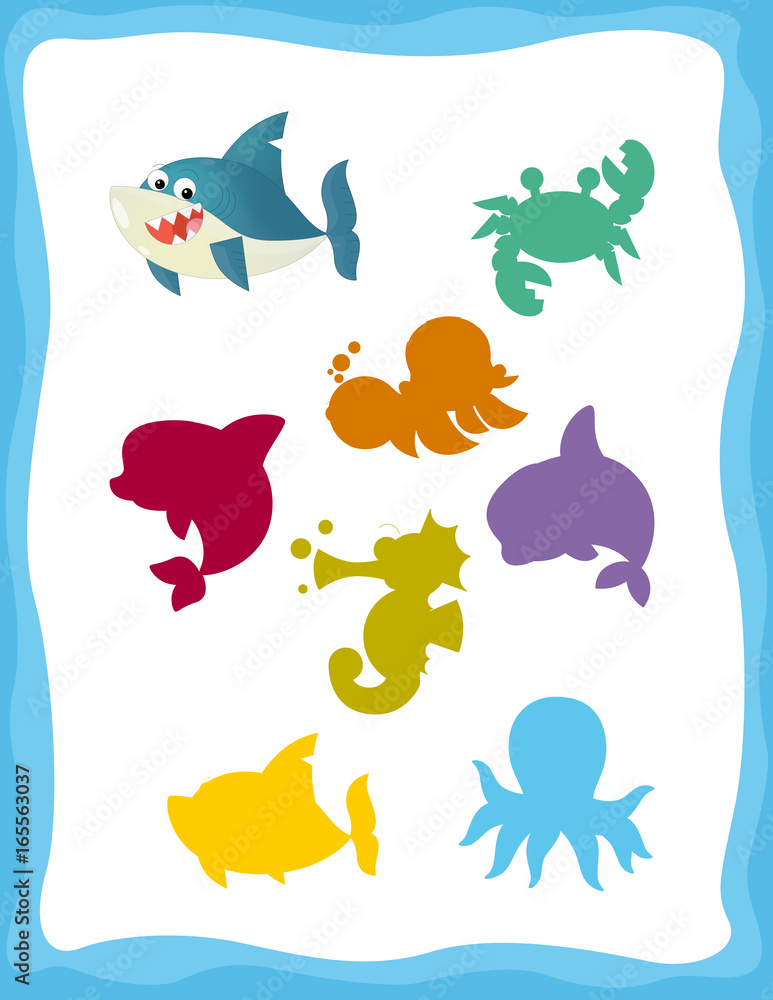 cartoon matching game with sea animals shark / colorful shapes ...