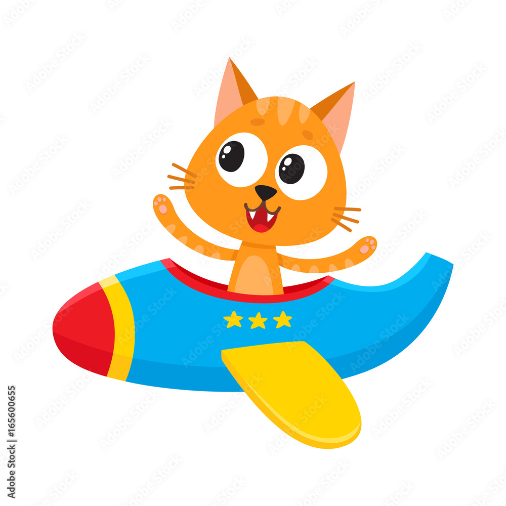 Cute funny cat, kitten pilot character flying on airplane, cartoon ...