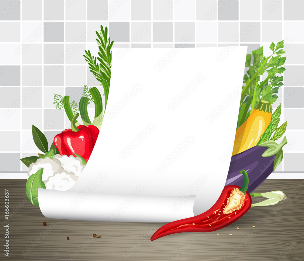 Vector mock up. Paper poster or parchment scroll with vegetables ...