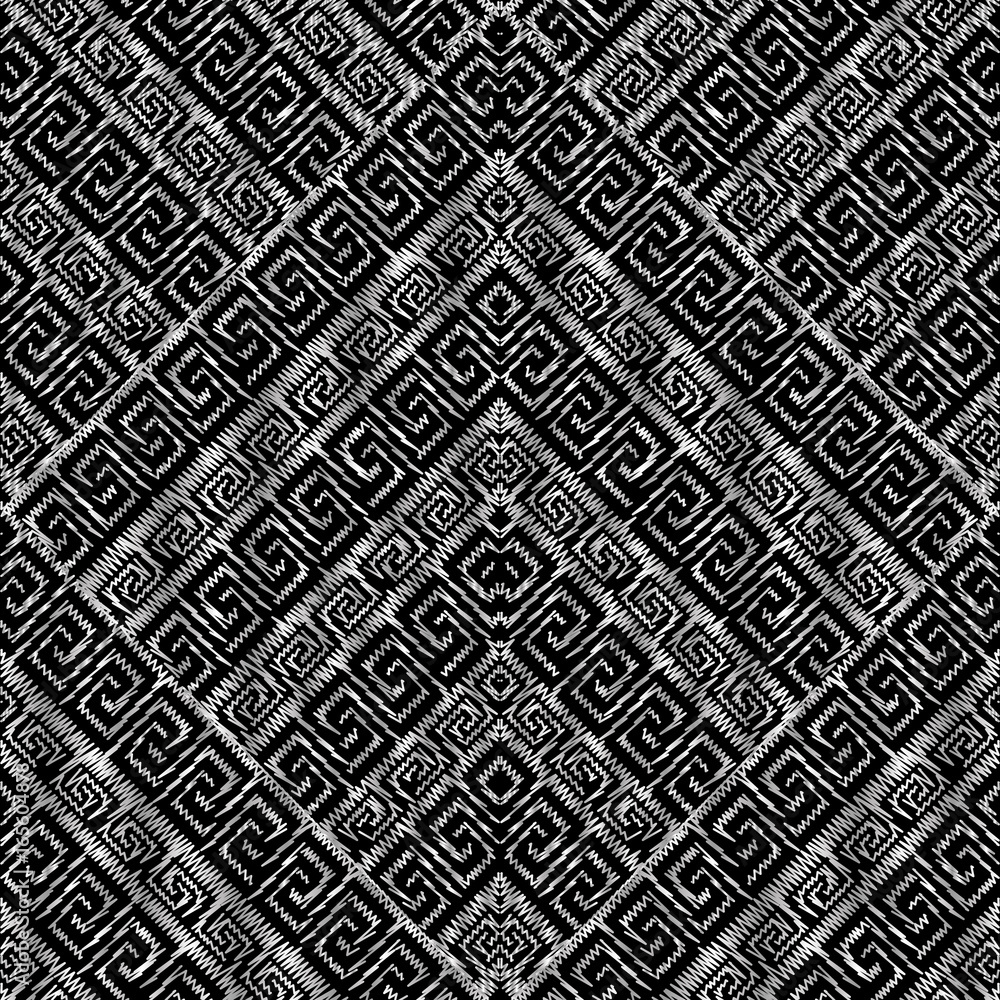 Embroidery geometric greek key seamless pattern. Tapestry black white ...