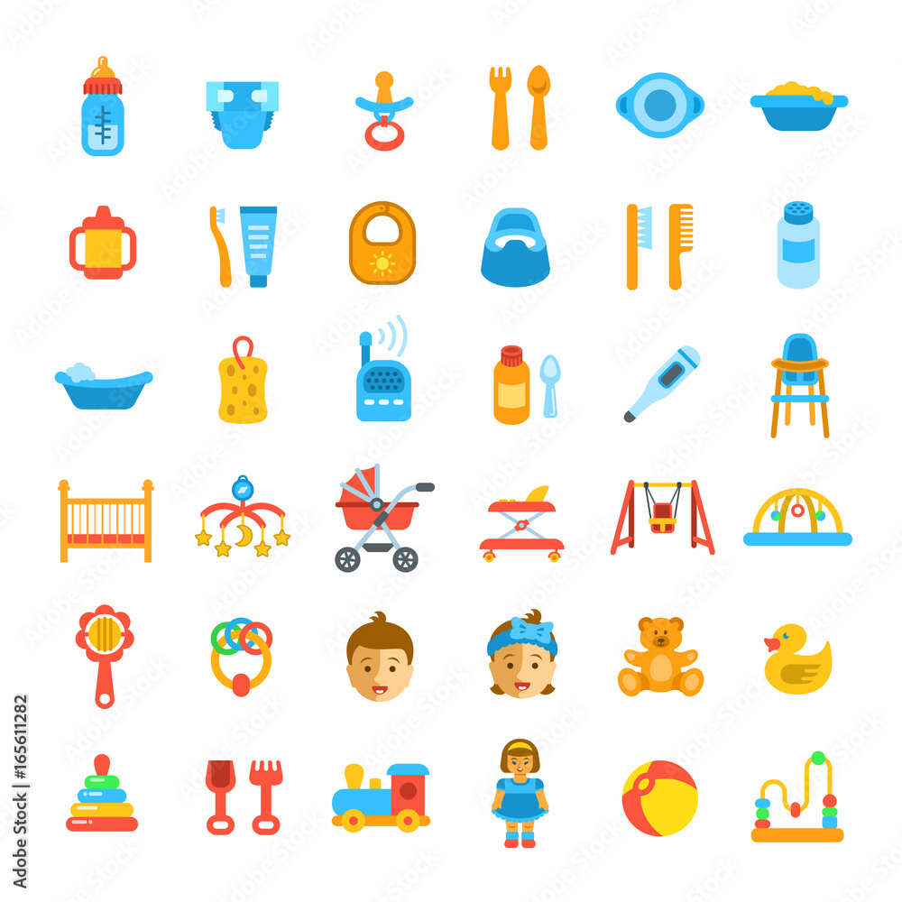 Baby care icons. Flat vector illustrations. Simple pictograms of ...