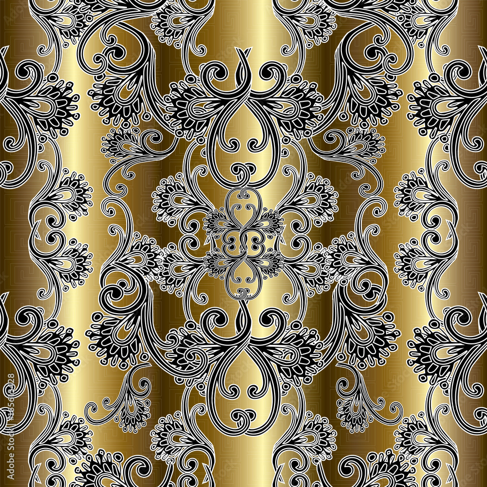 Gold floral seamless pattern background. 3d wallpaper illustration with ...