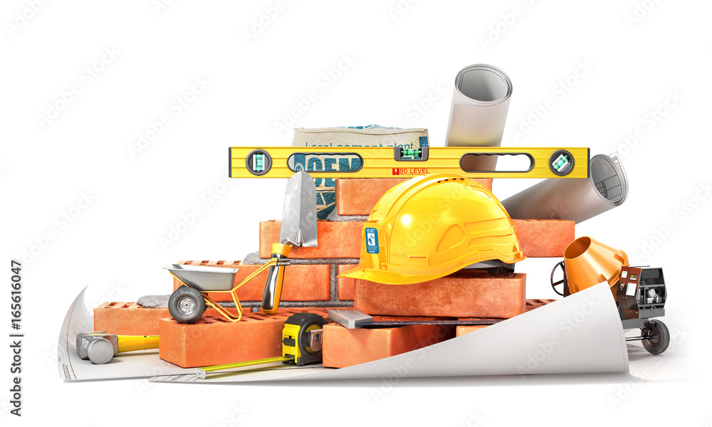 Construction concept. Part of brick wall in construction process with ...
