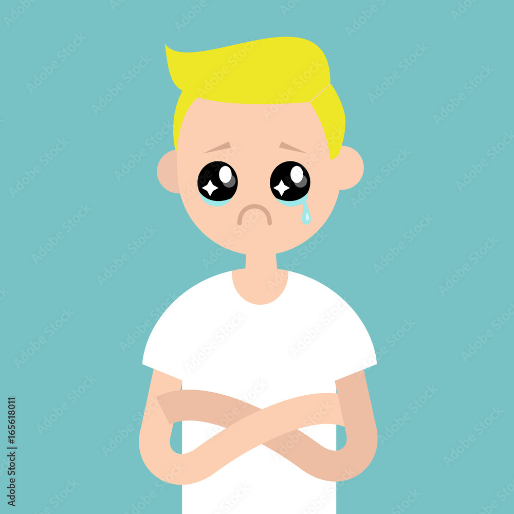 Sad offended character with big anime tear-stained eyes / flat editable ...