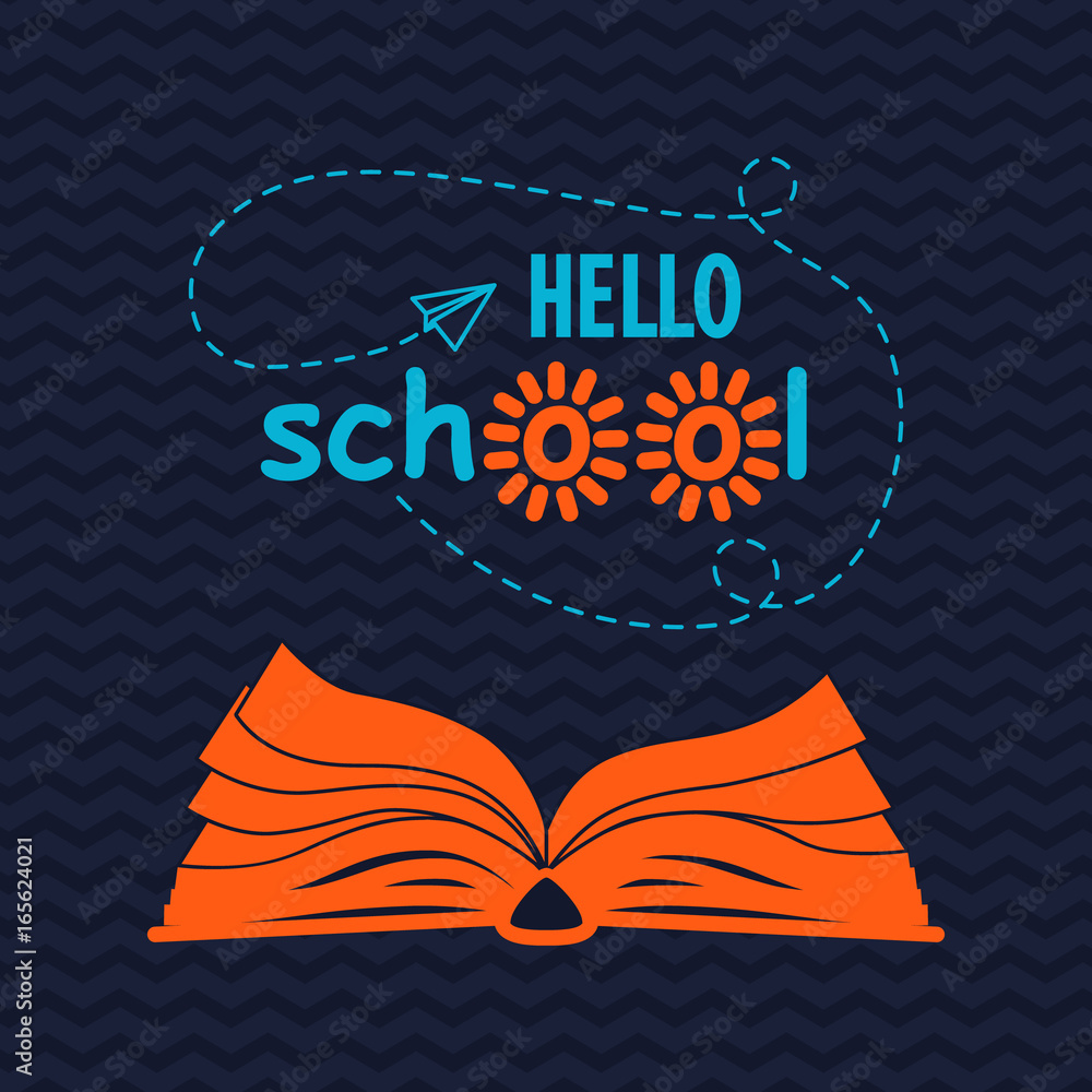 Hello School poster with open book and flying paper plane on navy blue ...