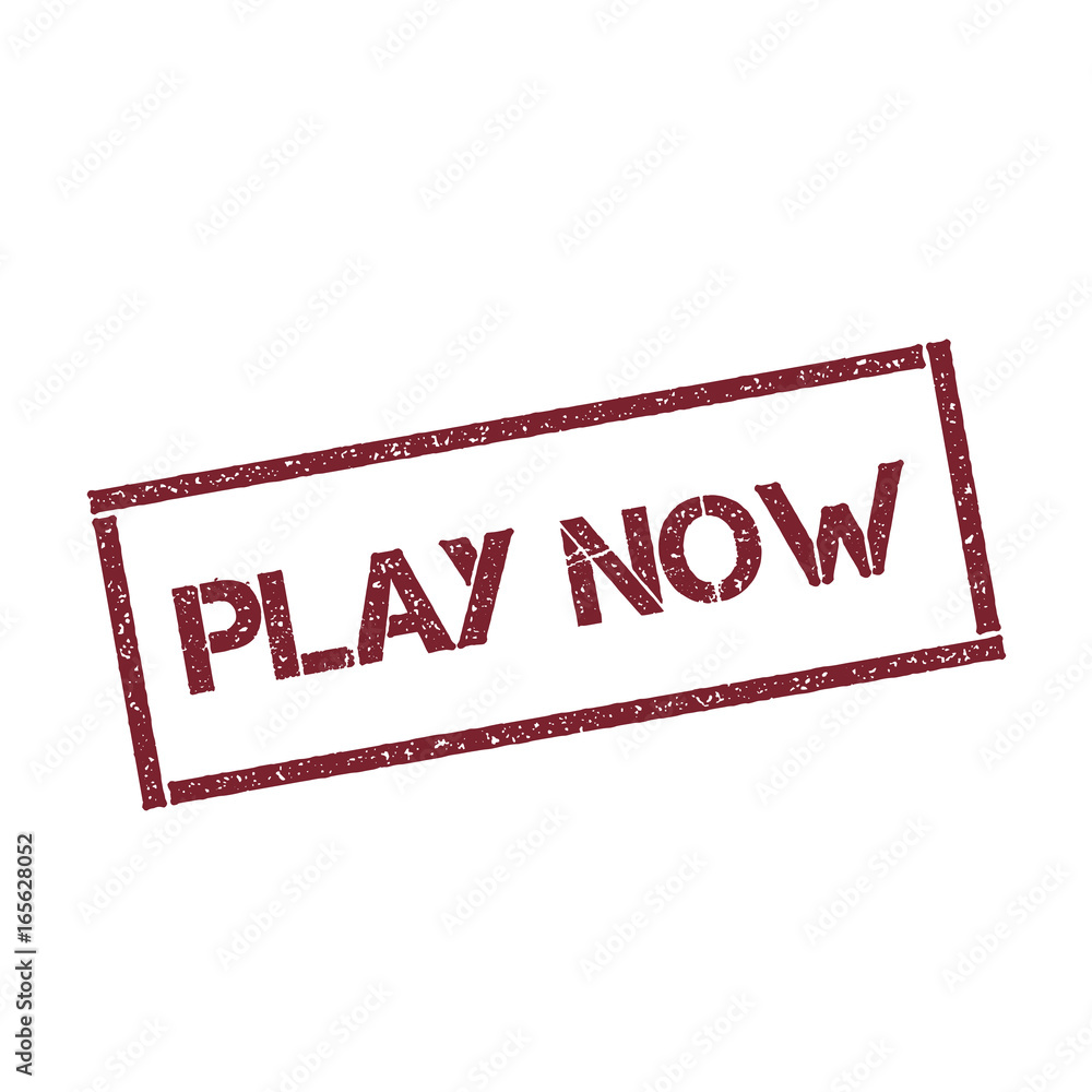 Play now rectangular stamp. Textured red seal with text isolated on ...