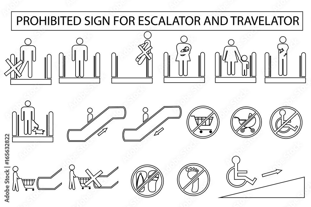 Icon Style, Set of Prohibited Sign at Escalator or Travelator at ...