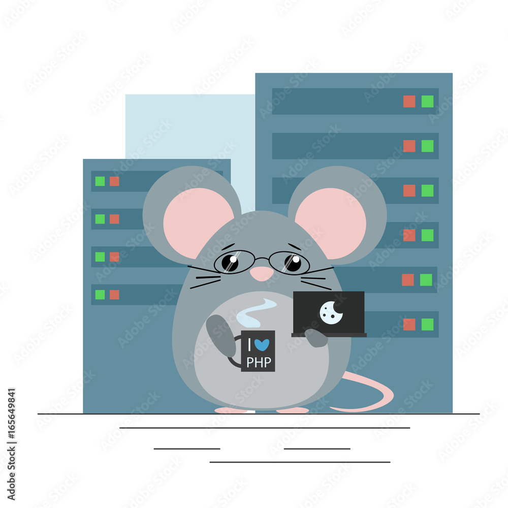 Vector illustration. Mouse - programmer standing with computer and ...