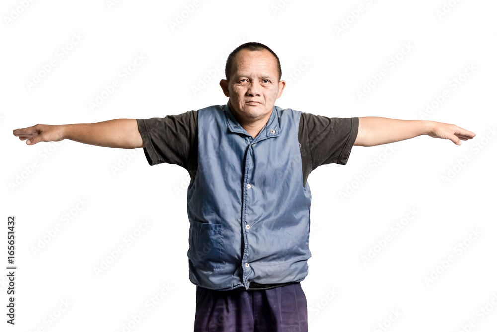 Portrait of a man with down syndrome. Isolated on white background with ...
