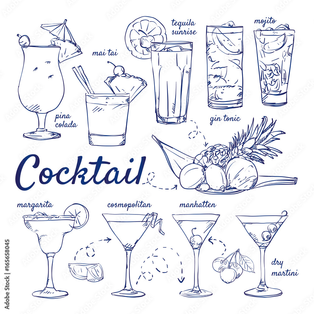Doodle set of Cocktails - pina colada, mai tai, tequila sunrise, gin ...