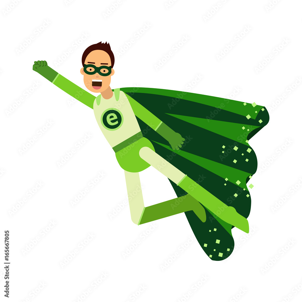Ecological superhero man in green costume flying through the air in ...