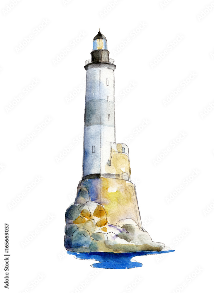 Watercolor beacon isolated on white background, hand drawn illustration ...