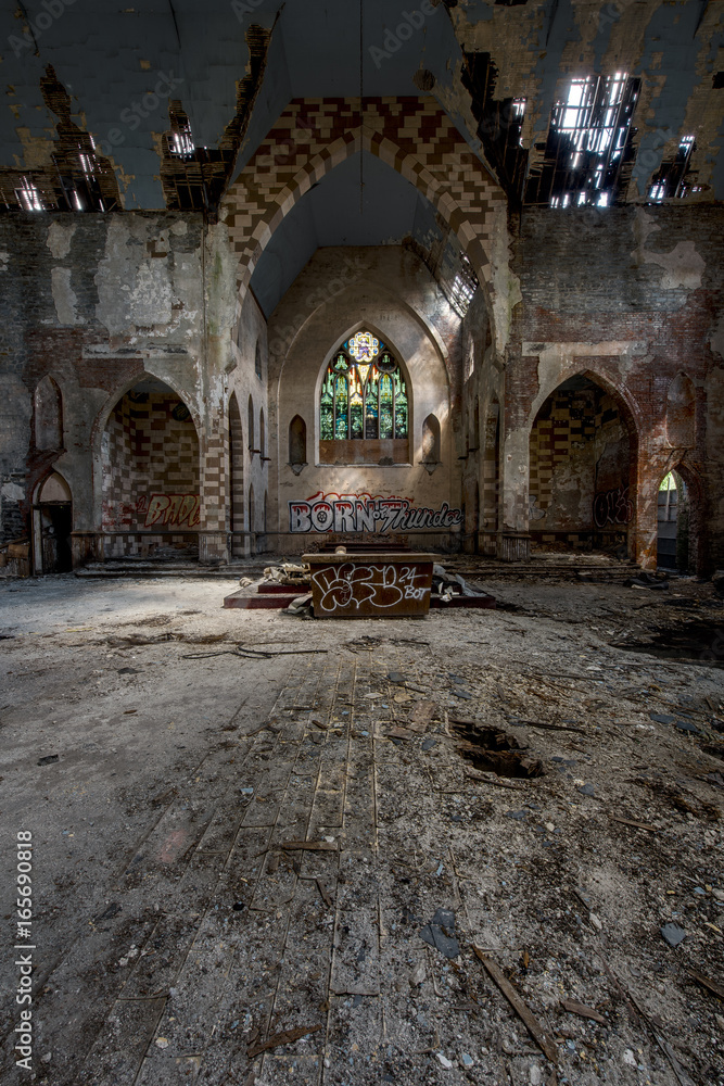 Broken Stained Glass Windows & Collapsing Floor at Altar - Abandoned ...