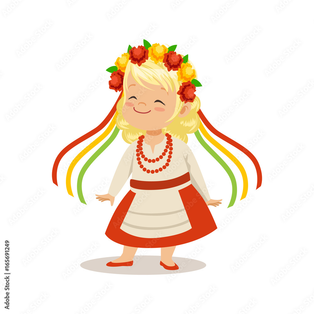 Blonde girl wearing national costume of Ukraine, colorful character ...
