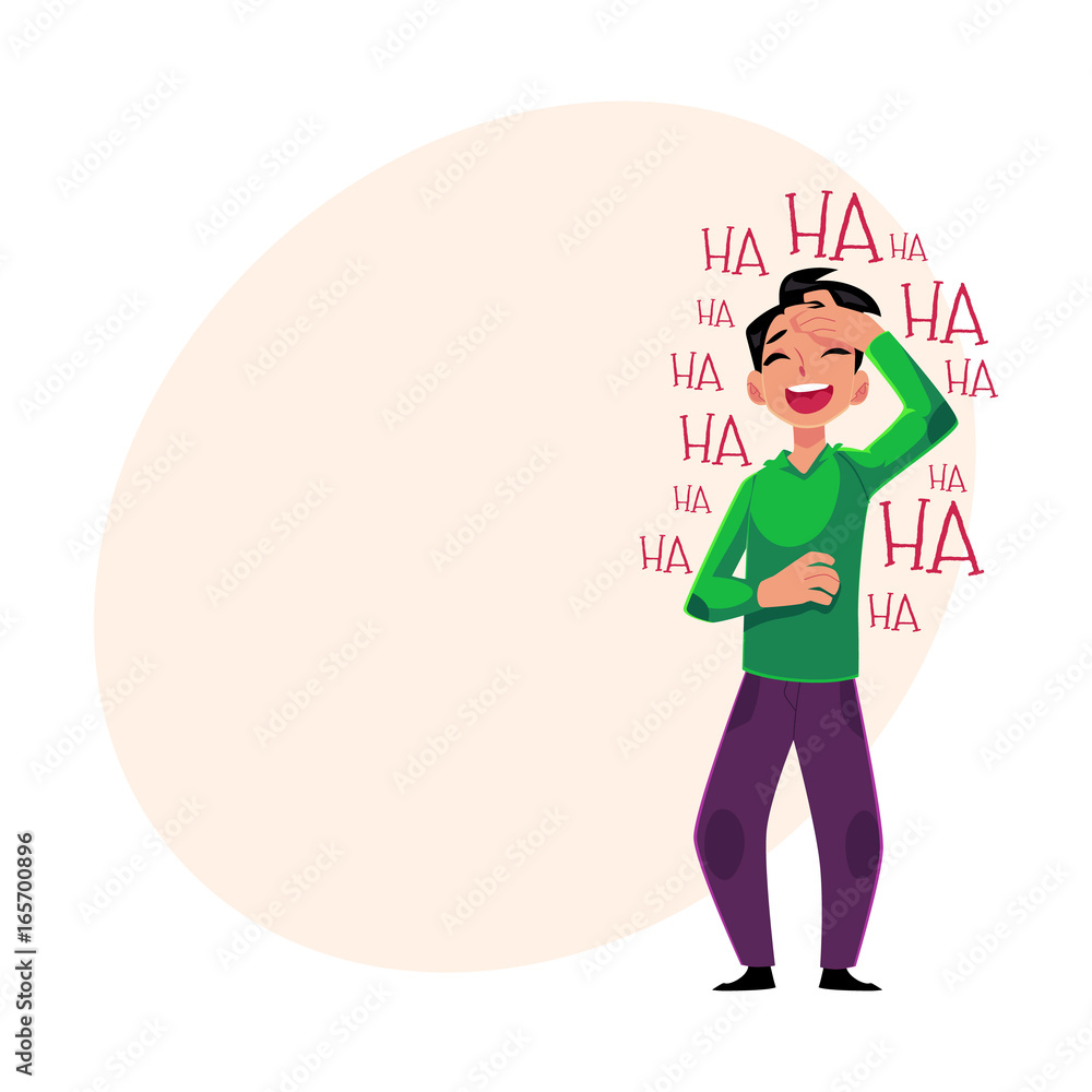 Young man laughing out loud, crying from laughter holding forehead ...