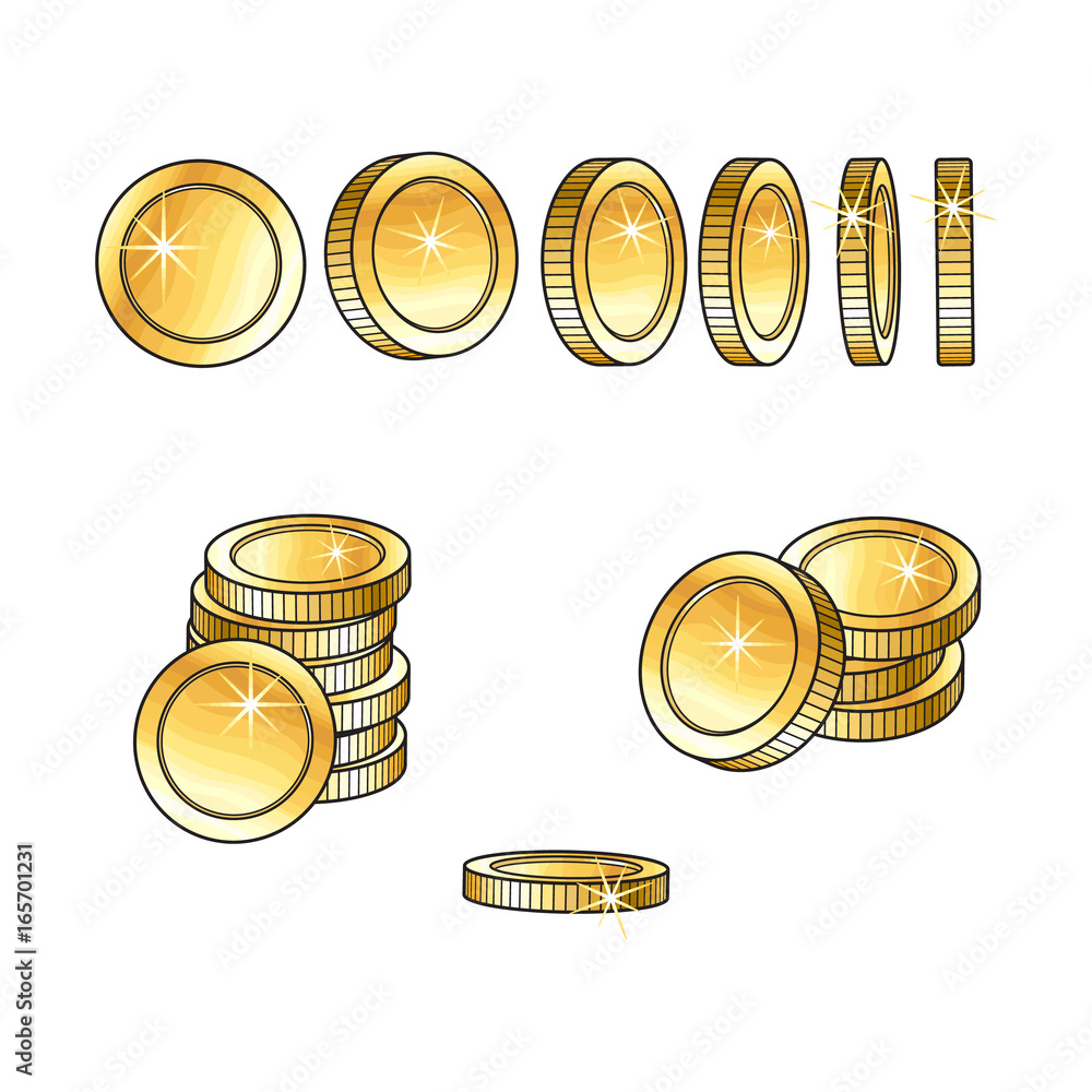 Set of rotating, turning shiny gold coins and stakcs, sketch vector ...