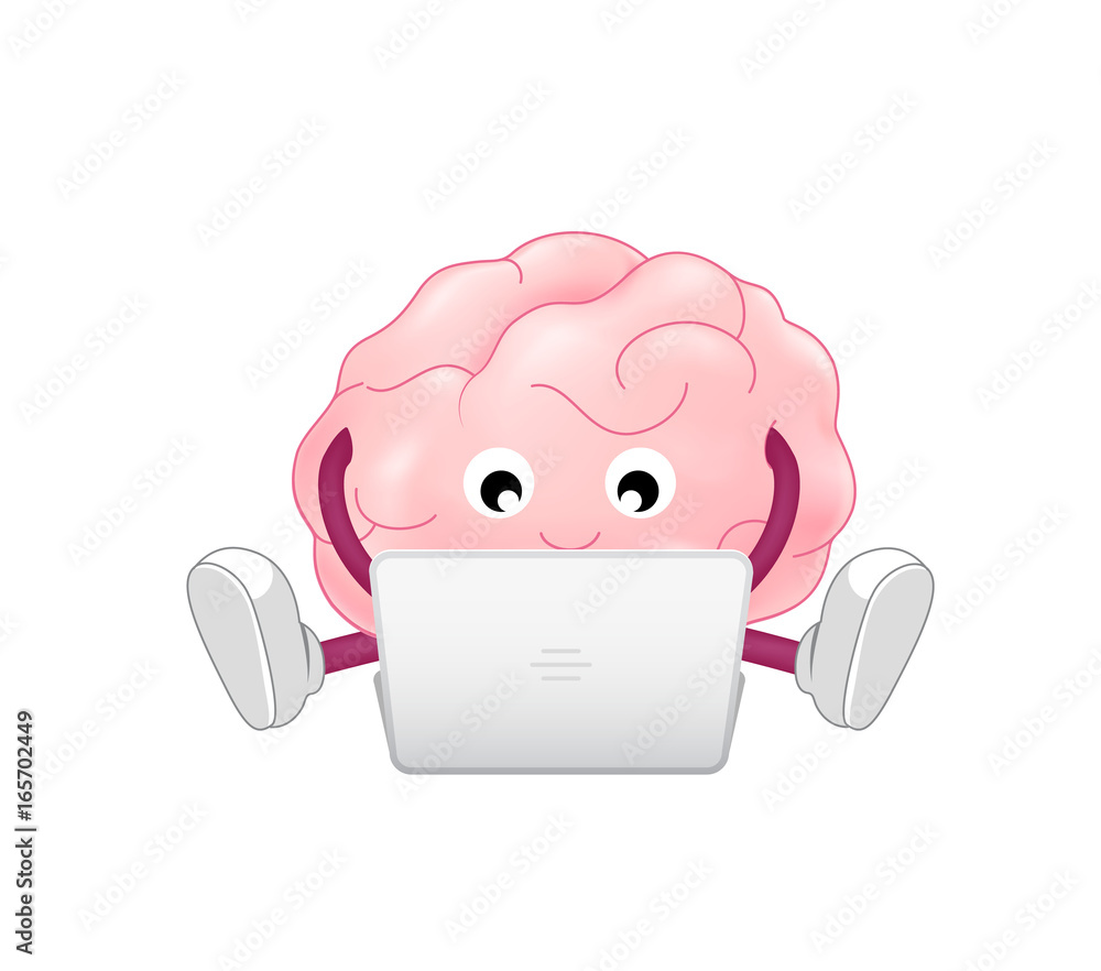 Cute happy smiling brain character sitting with laptop computer ...
