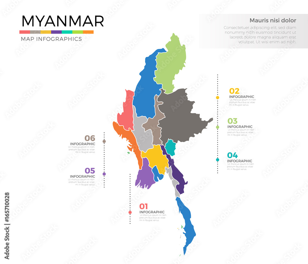 Myanmar country map infographic colored vector template with regions and pointer marks Stock ...