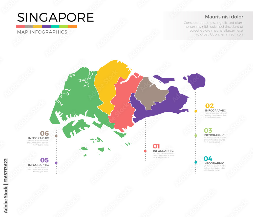 Singapore country map infographic colored vector template with regions ...