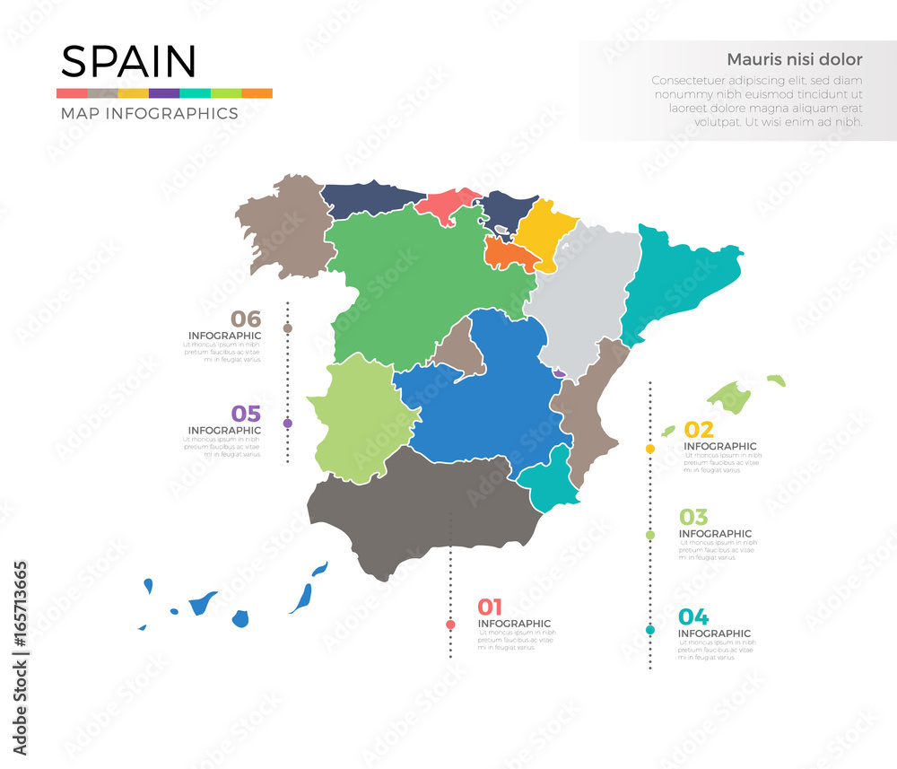 Spain country map infographic colored vector template with regions and ...