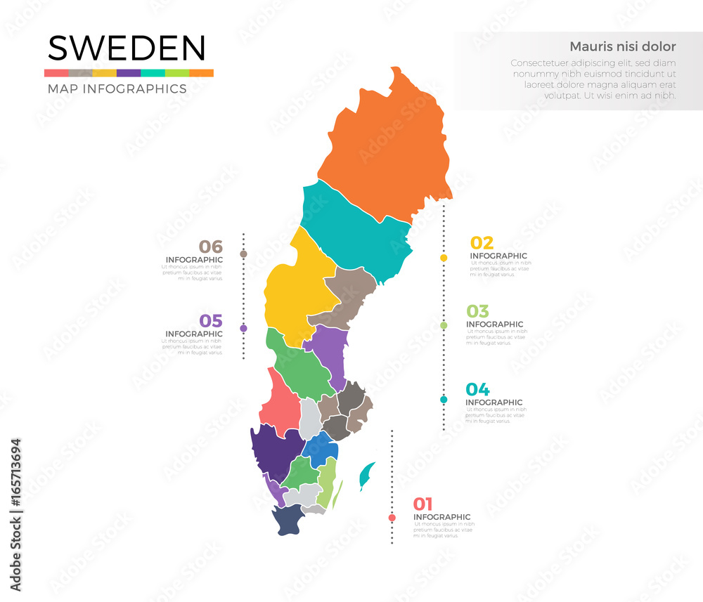 Sweden country map infographic colored vector template with regions and ...