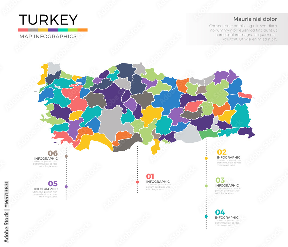 Turkey country map infographic colored vector template with regions and ...