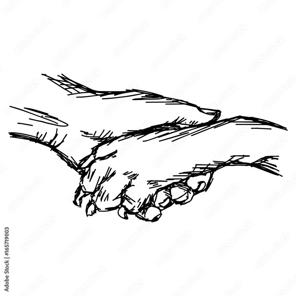 close up hand of man and dog shaking, vector illustration sketch hand ...