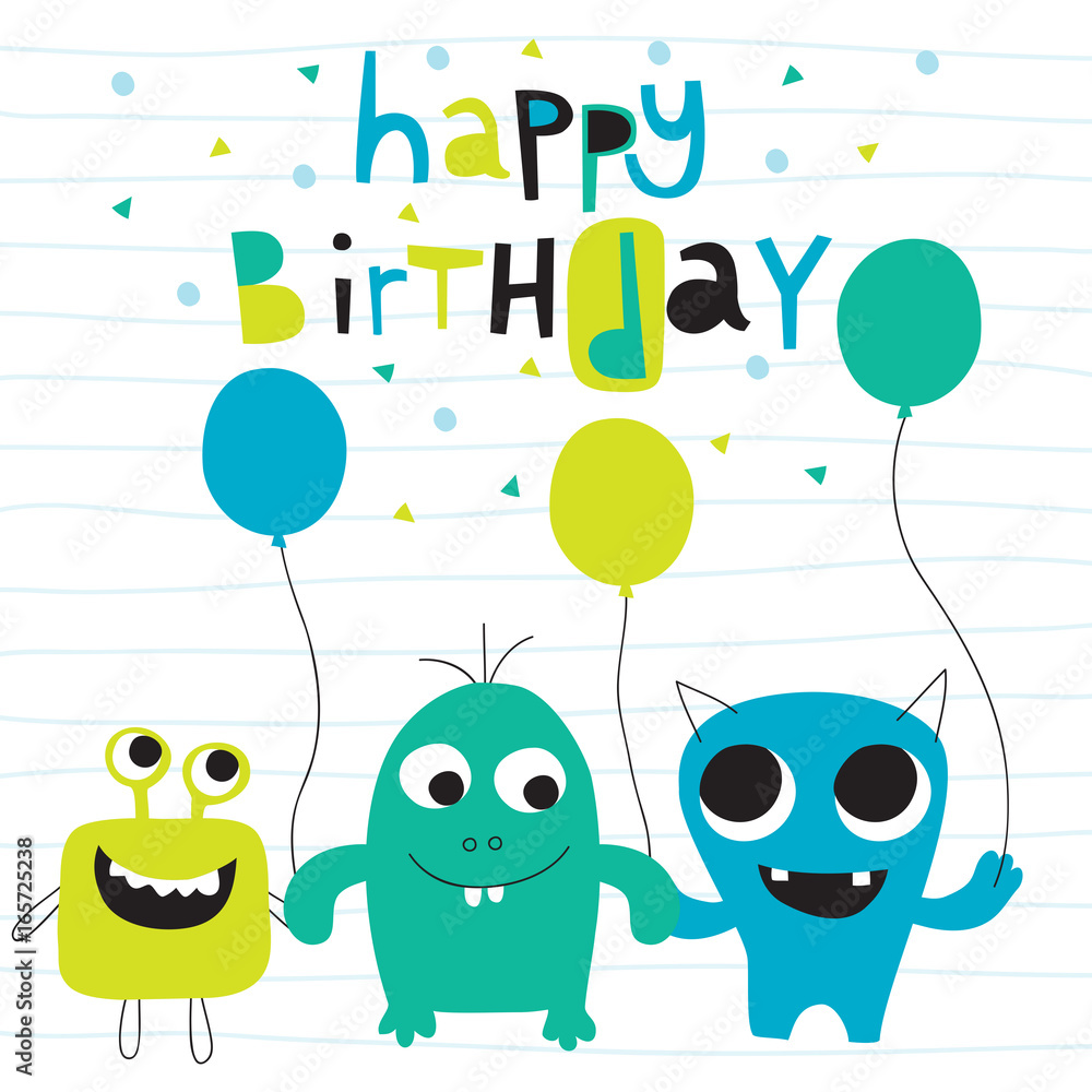 happy birthday with monsters vector illustration Stock Vector | Adobe Stock