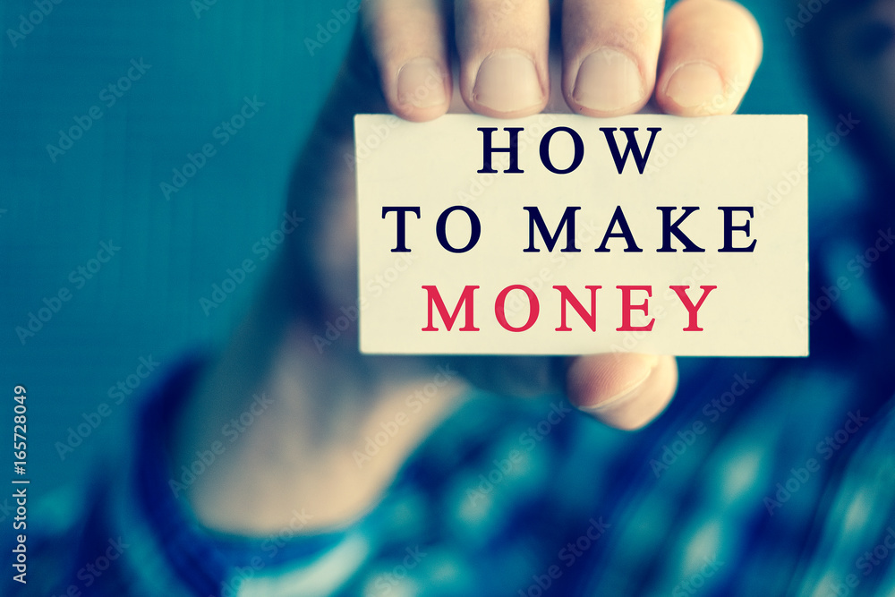 How to make money, message on white card man showing, may used for ...