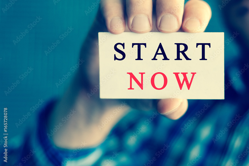 START NOW, message on white card man showing, may used for different ...