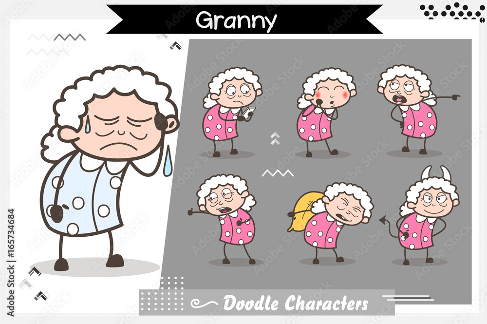 Cartoon Old Age Woman Various Poses and Expressions Vector Illustration ...