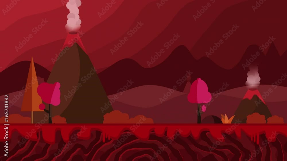 Cartoon Volcano erupting Animation Loop. volcano landscape background ...