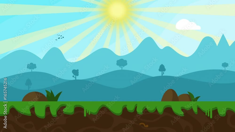 Cartoon Nature landscape Animation Loop. Colorful cartoon hills game ...