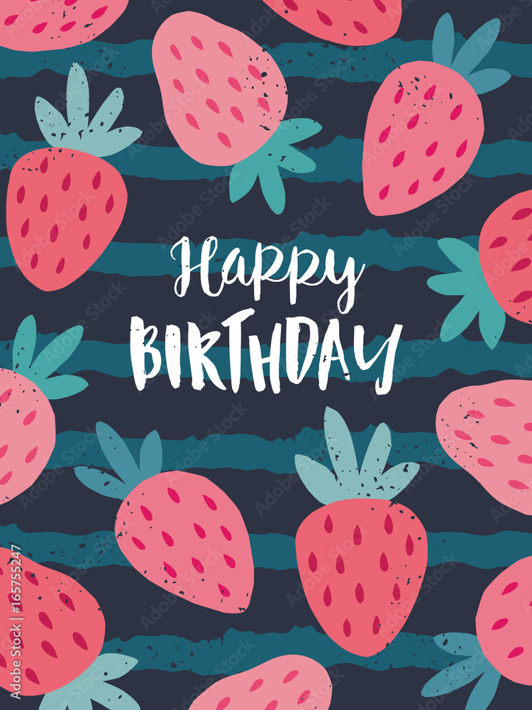 Cute greeting card with colorful blush pink strawberries on navy ...