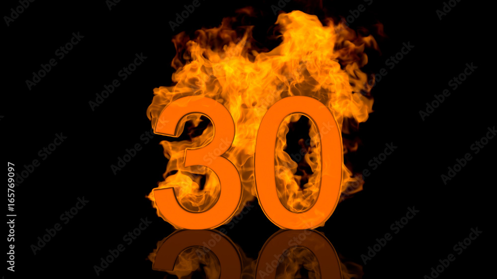 Flaming Number Thirty Centred on Black Background with Reflection as 3D ...