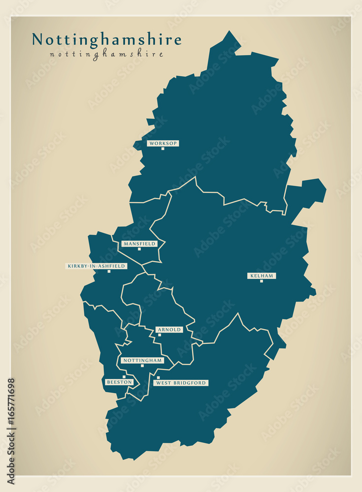 Modern Map - Nottinghamshire county with cities and districts England ...